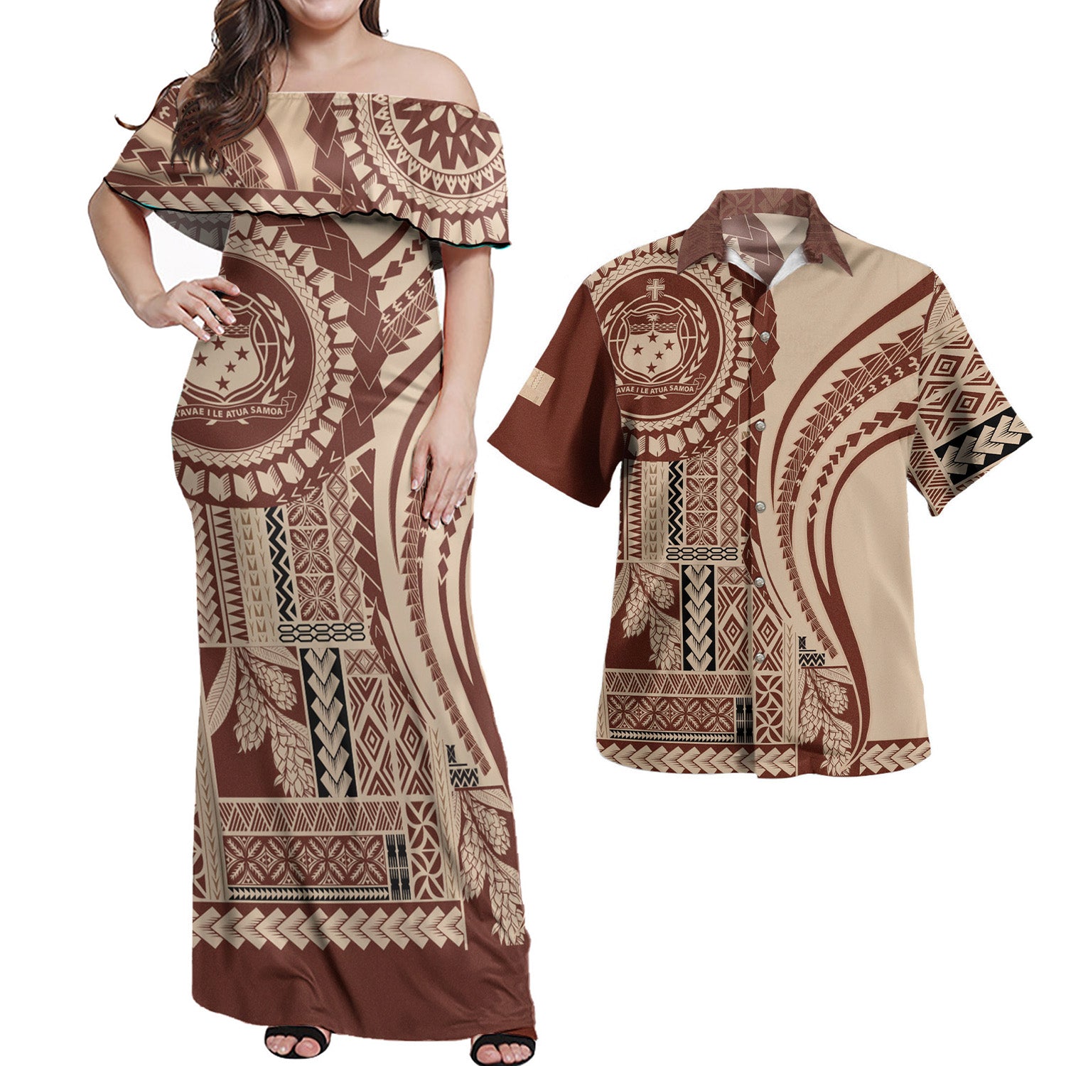Samoa Combo Off Shoulder Long Dress And Shirt Seal Samoan Siapo Brown ...