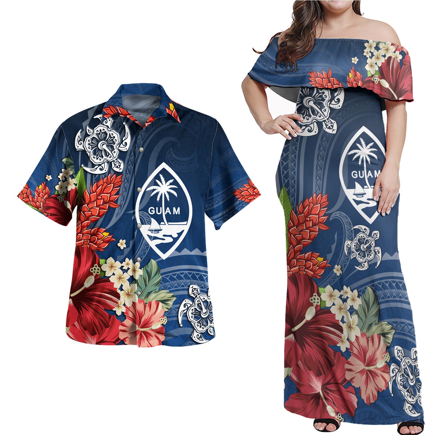 Guam Combo Off Shoulder Long Dress And Shirt Flower And Turtle ...