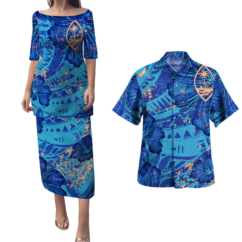 Guam Combo Puletasi And Shirt Hibiscus With Polynesian Pattern Blue ...