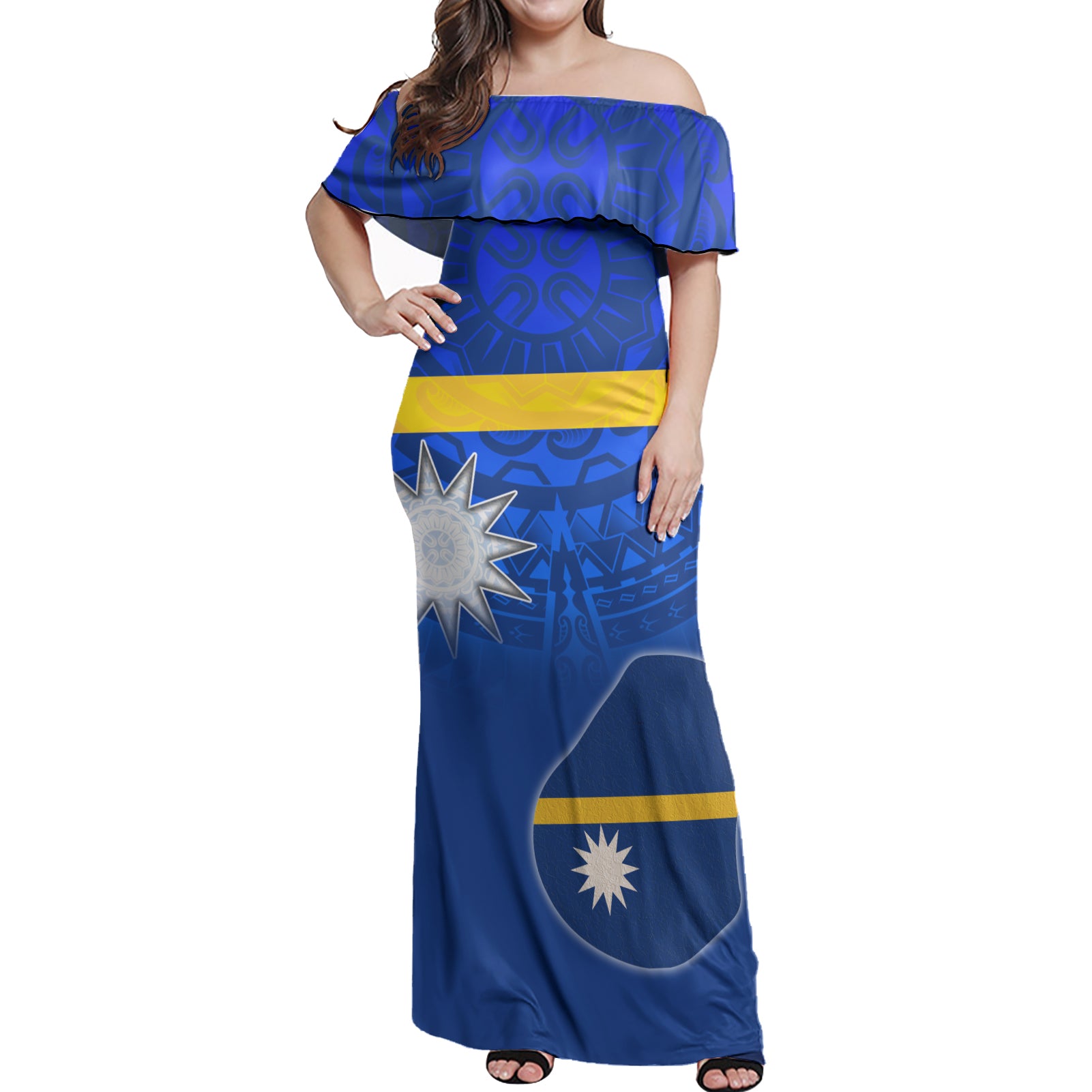 Nauru Flag Color With Traditional Patterns Women Off Shoulder Long ...