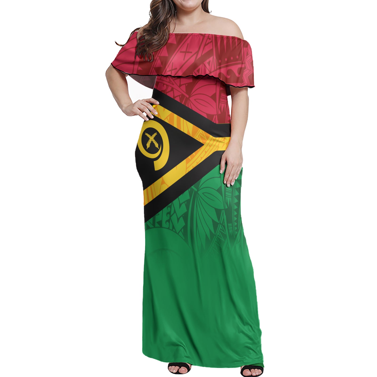 Vanuatu Flag Color With Traditional Patterns Women Off Shoulder Long ...