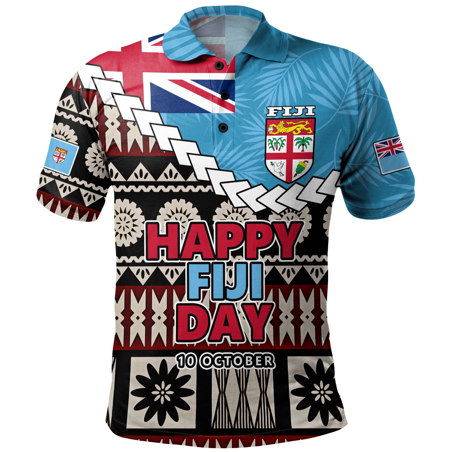 Fiji Polo Shirt Happy Fiji Day Fijian Masi x Tropical Palm Leaf Tribal ...