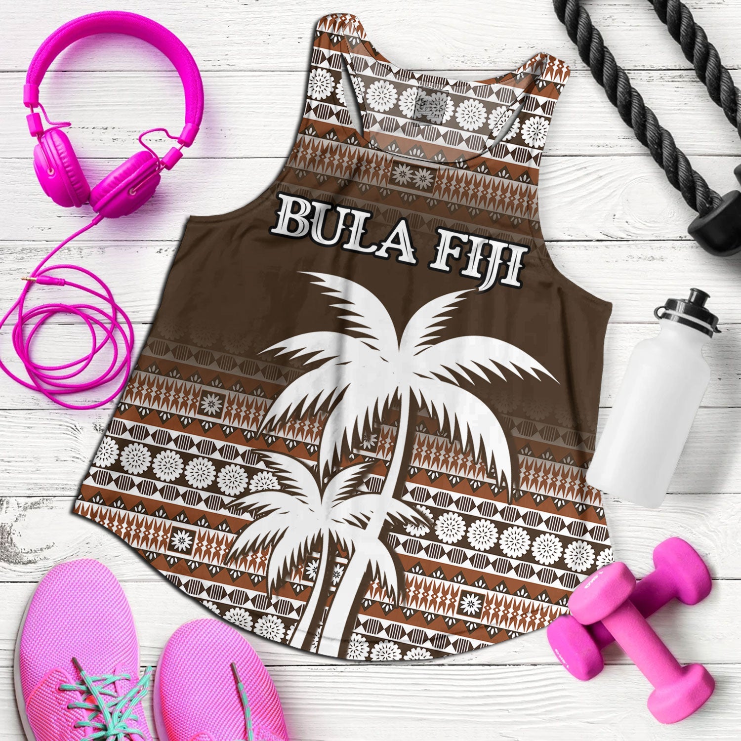 Fiji Women Tank Custom Bula Fiji Masi Brown Patterns | Polynesian.co