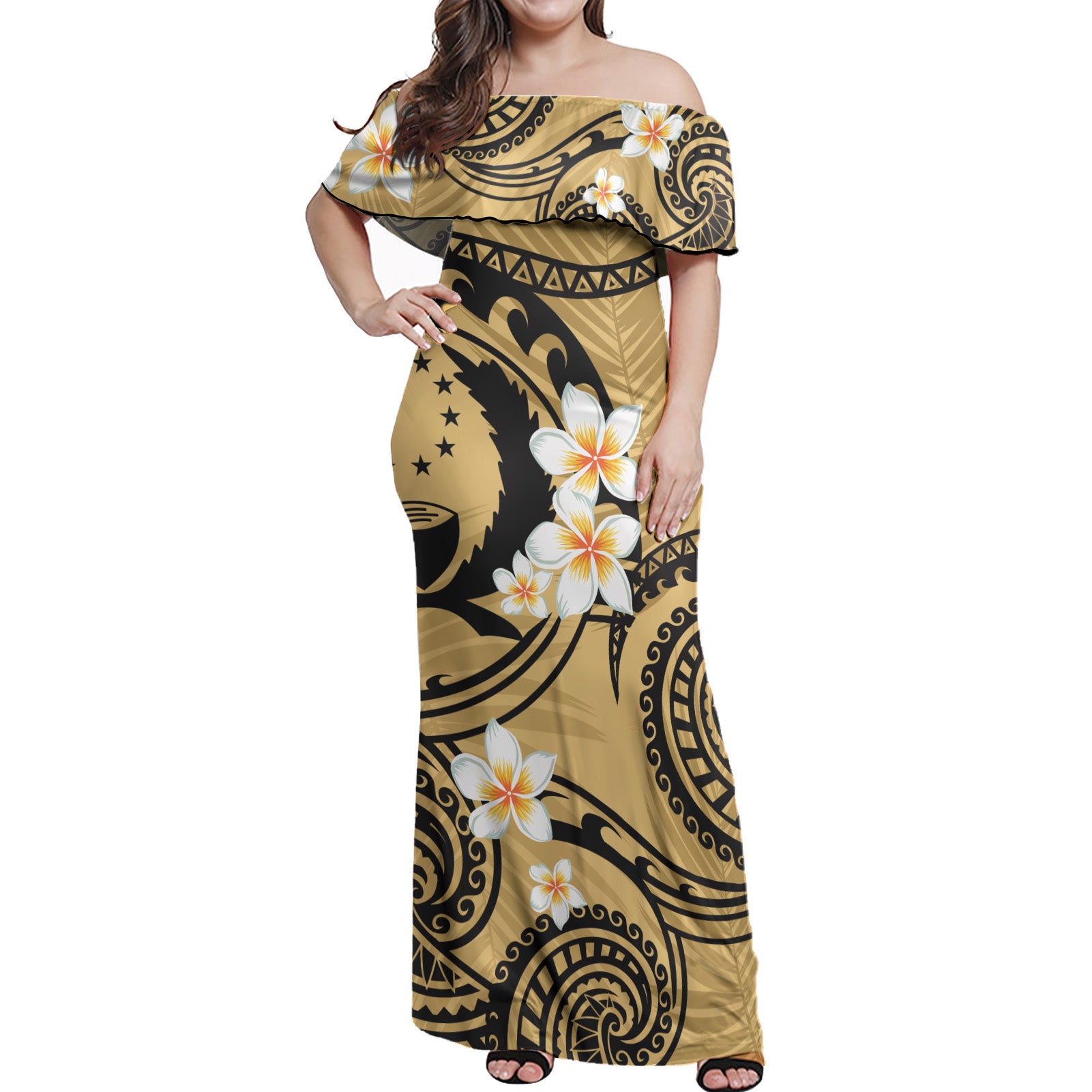 Pohnpei State Off Shoulder Long Dress Plumeria Flowers Tribal Motif ...