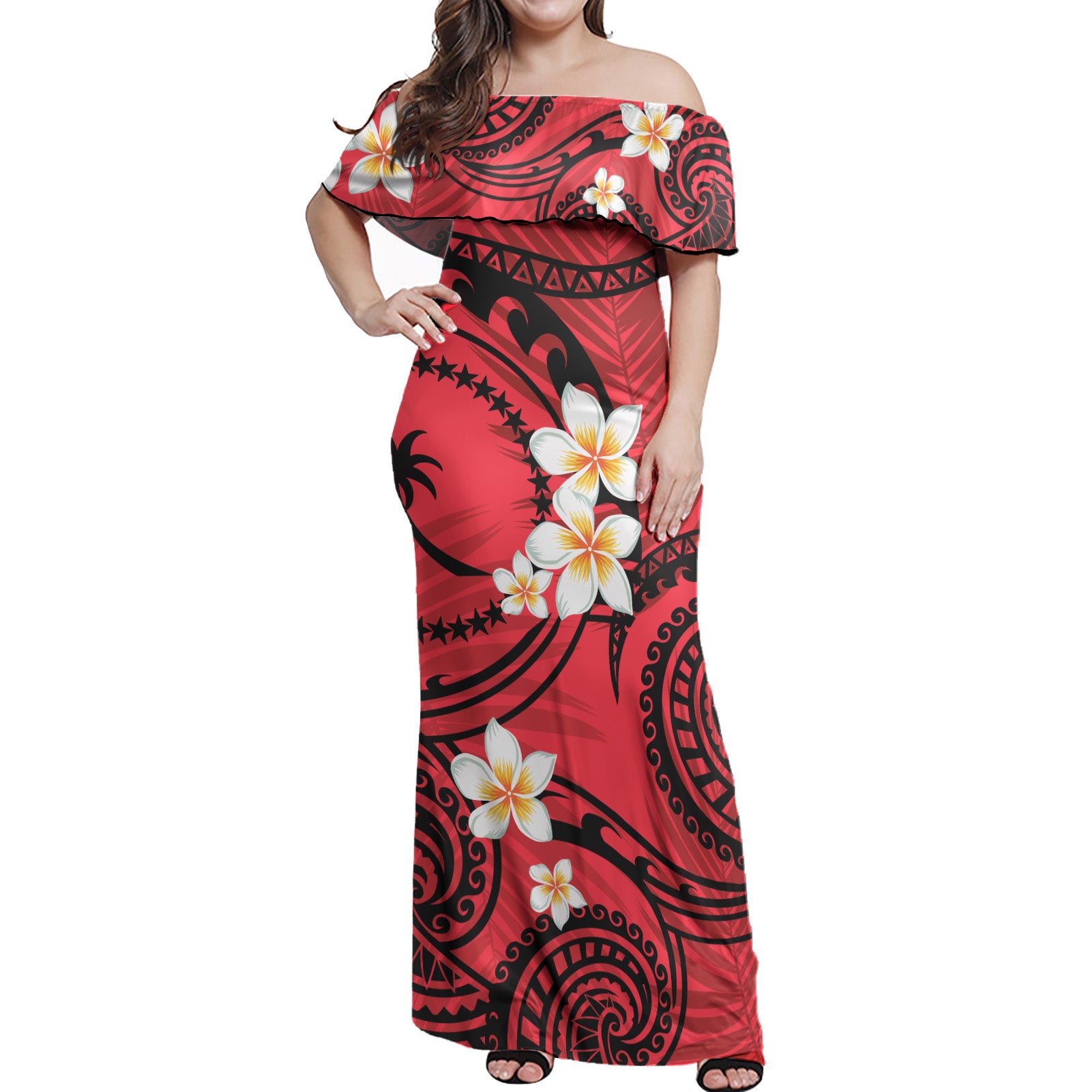 Chuuk State Off Shoulder Long Dress Plumeria Flowers Tribal Motif Red ...