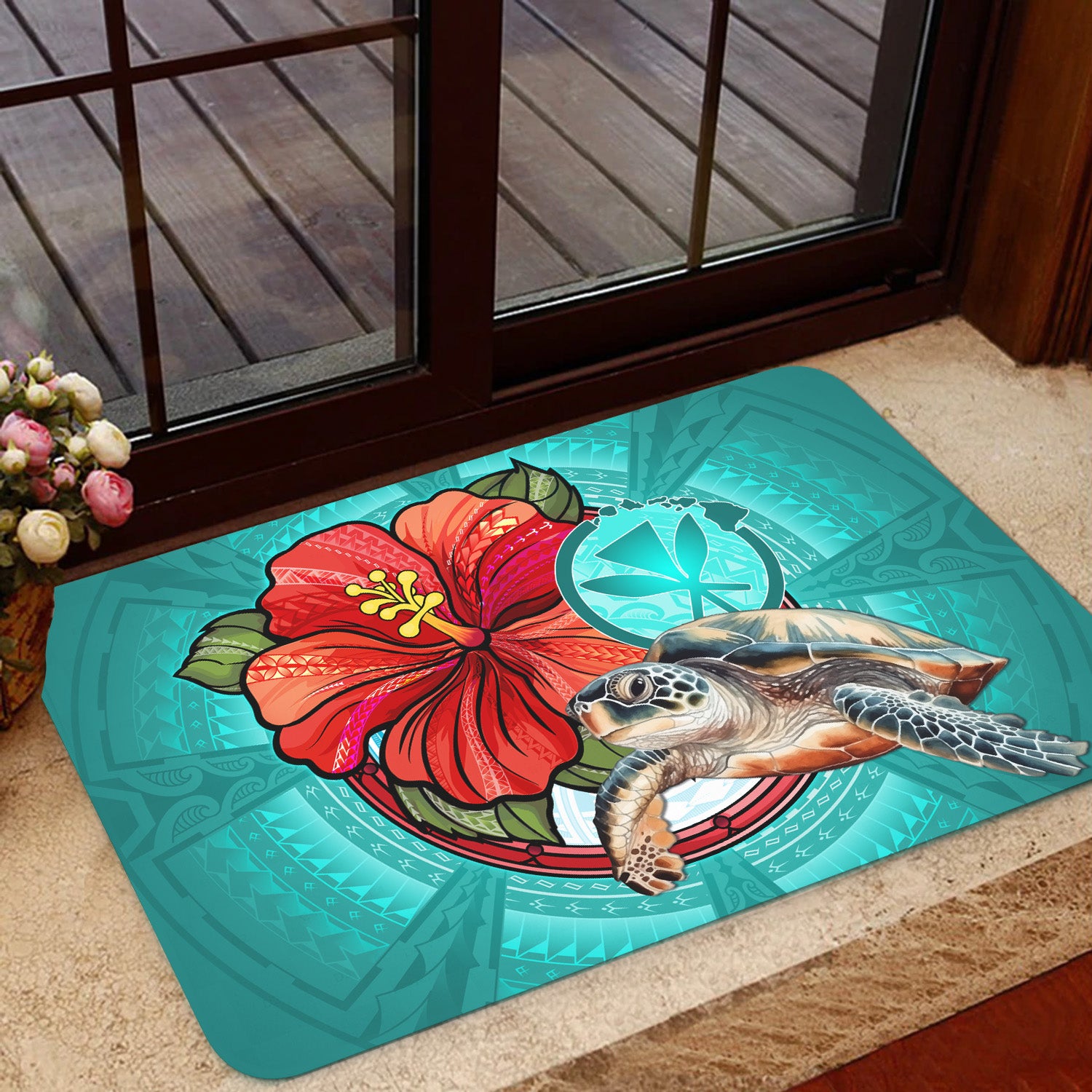Hawaii Door Mat Hawaiian Map Turtle Hibiscus Flowers Polynesian ...