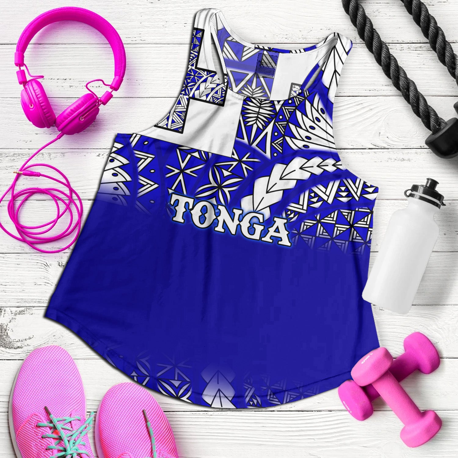 Tonga Women Tank Tonga Blue Color With Traditional Patterns | Polynesian.co