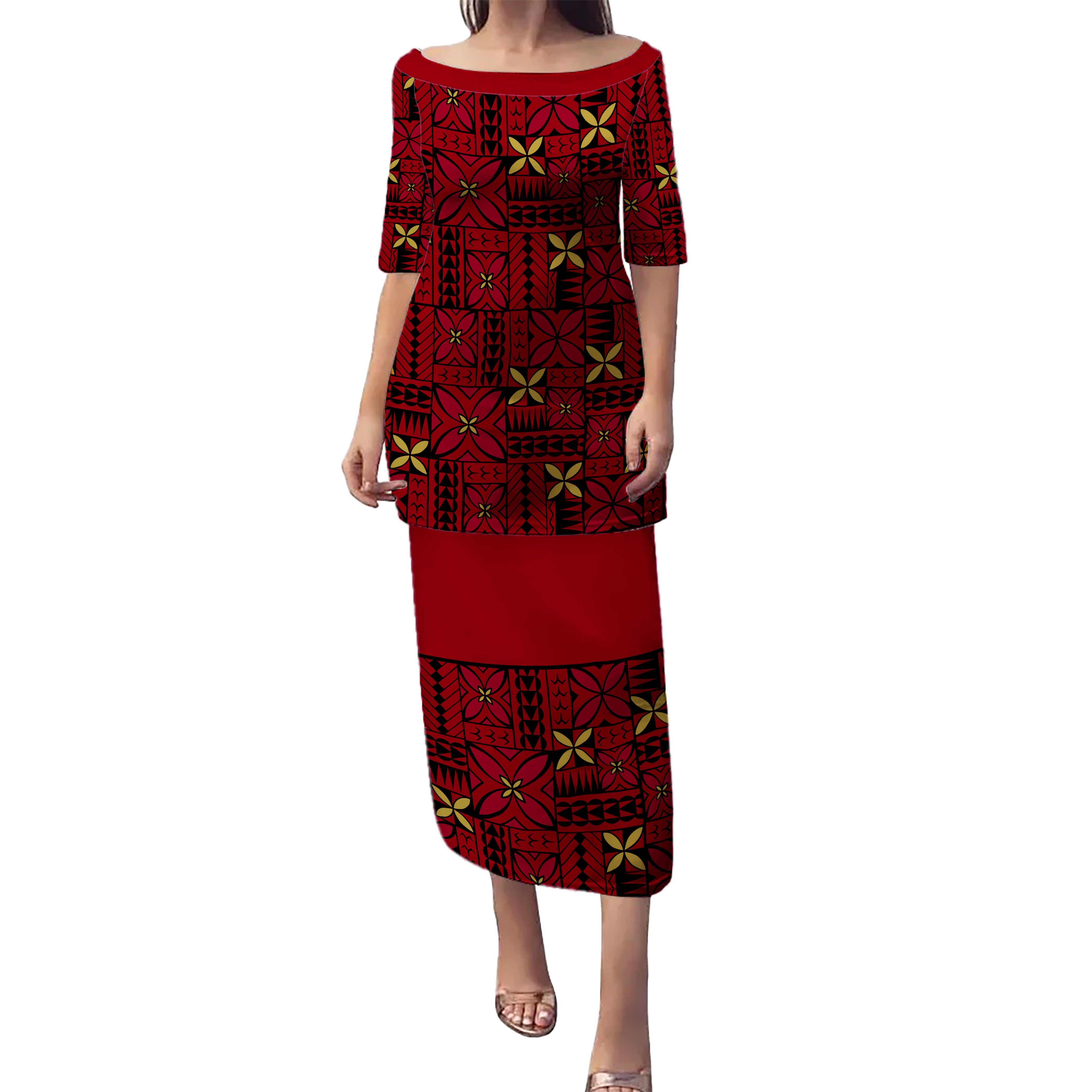 Samoa Puletasi Siapo Design Tribal Pattern Red | Polynesian.co