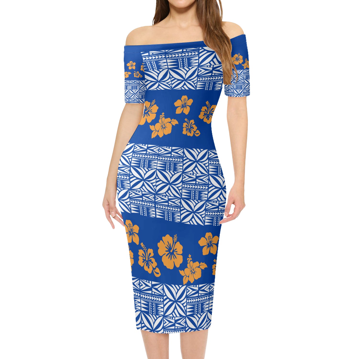 Samoa Short Sleeve Off The Shoulder Lady Dress Tapa Flower Fabric Print ...