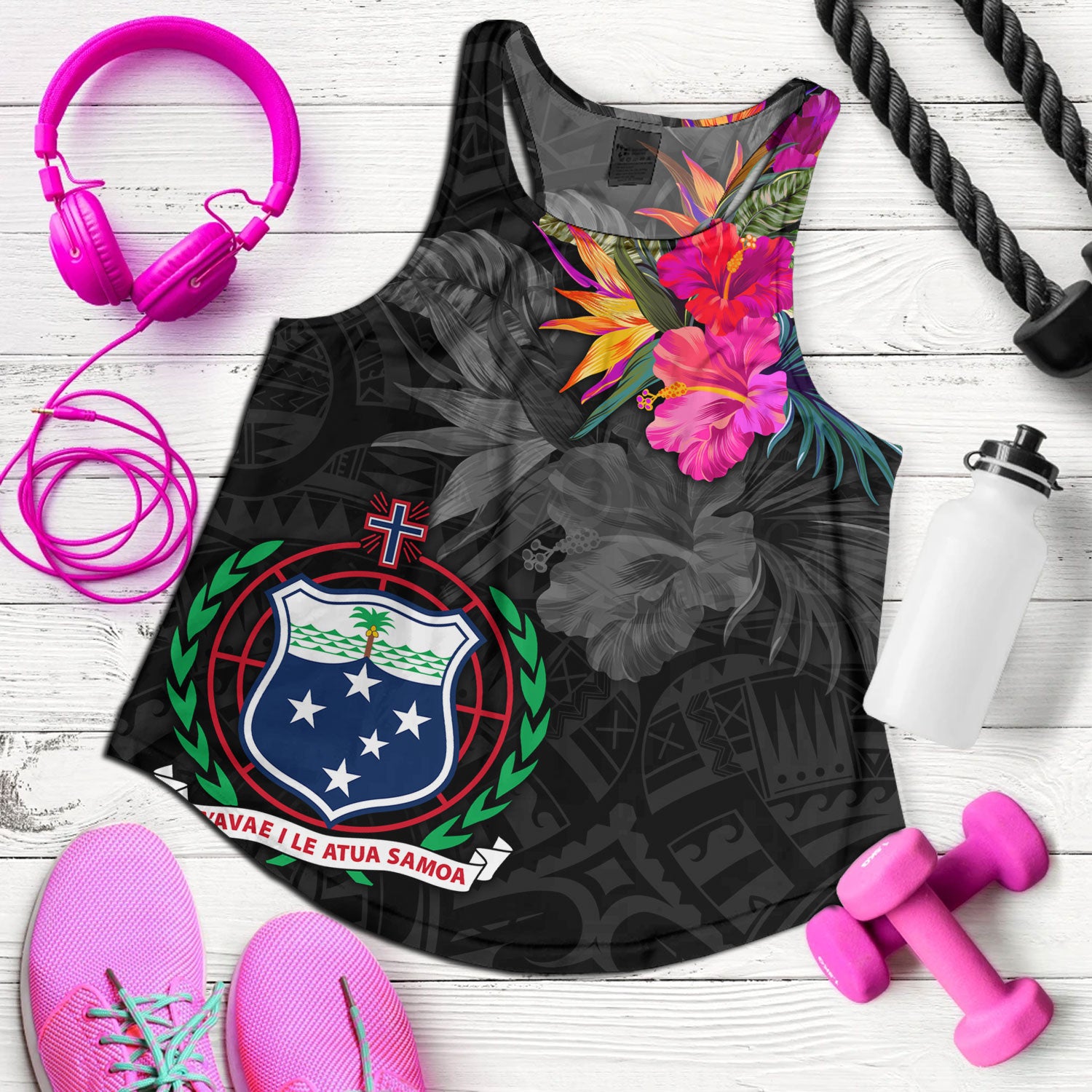 Samoa Women Tank Custom Samoa Coat Of Arms With Tropical Flowers ...