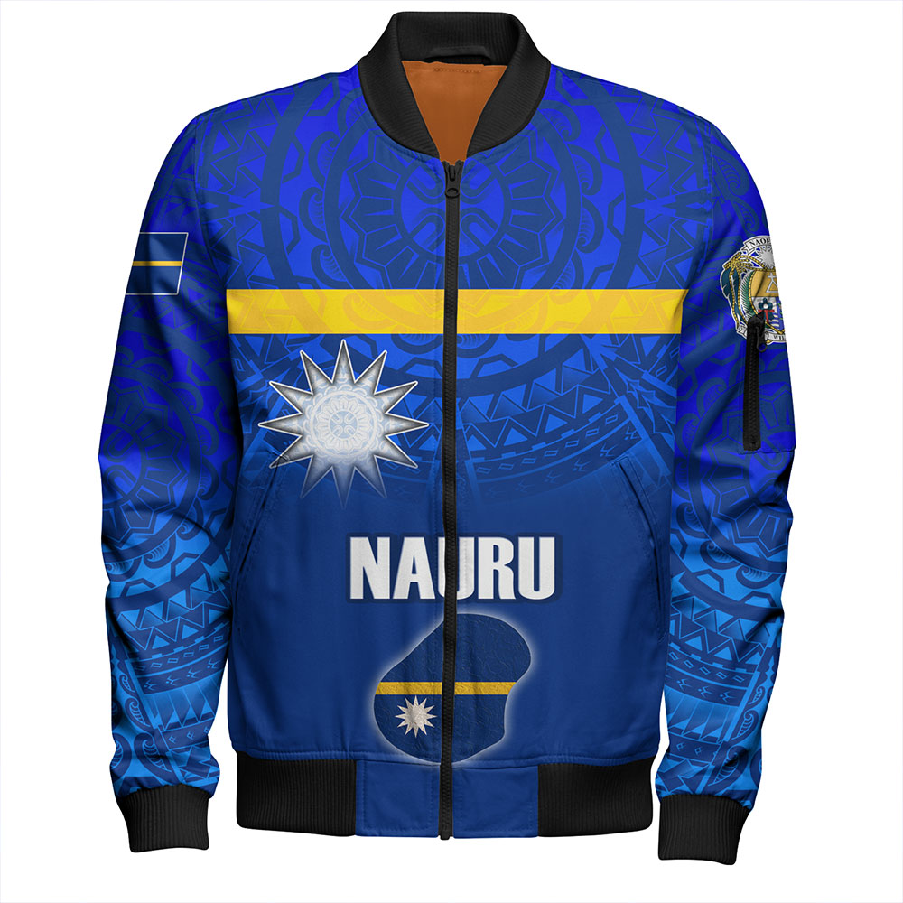 Nauru Bomber Jacket Flag Color With Traditional Patterns | Polynesian.co