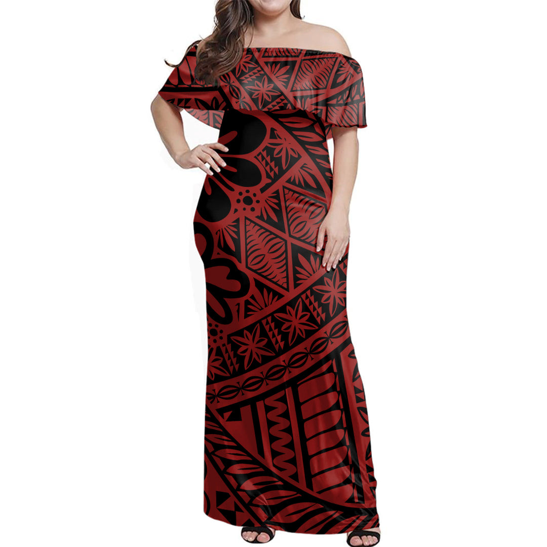 Tonga Kupesi Ngatu Woman Off Shoulder Long Dress | Polynesian.co