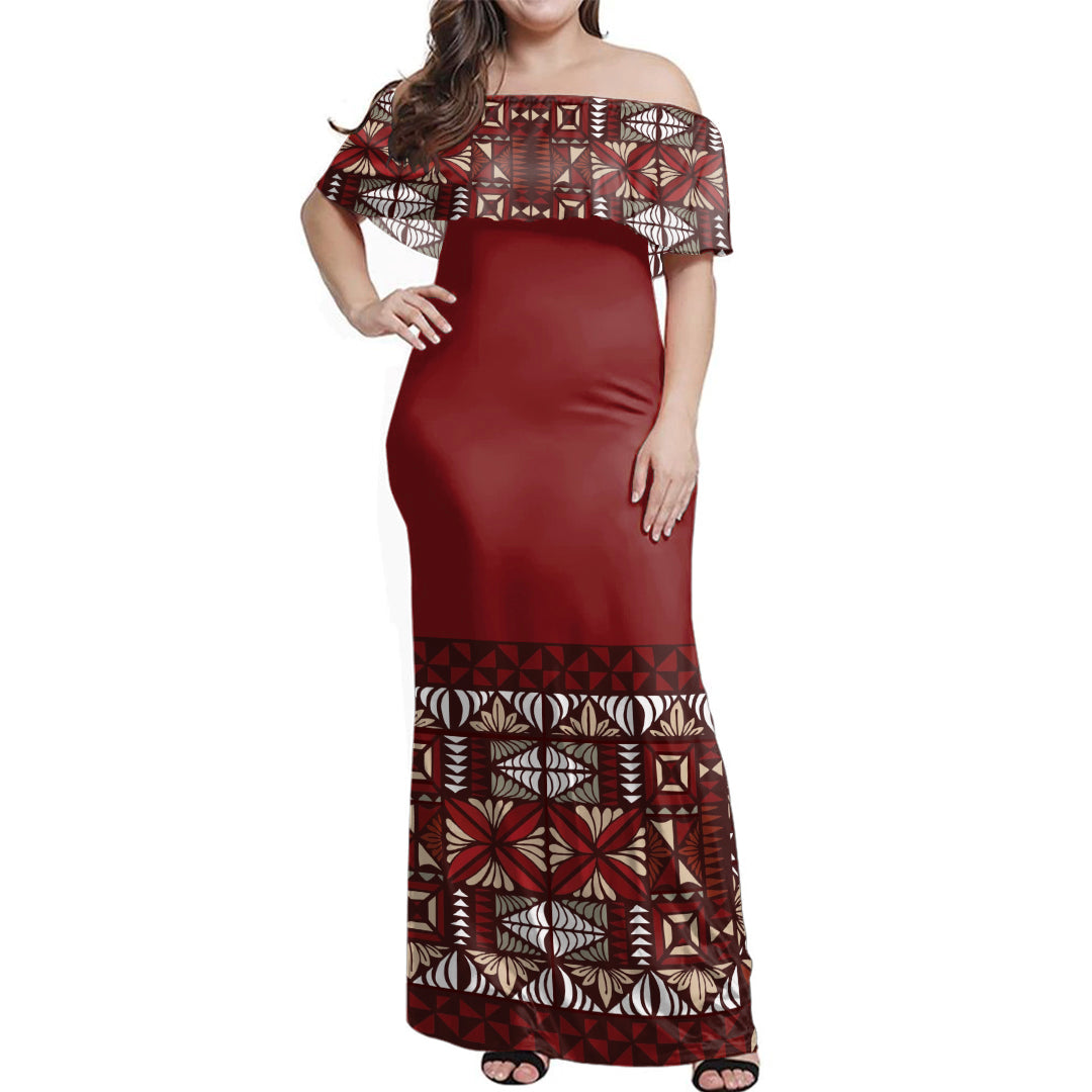 Tonga Siapo Style Woman Off Shoulder Long Dress | Polynesian.co