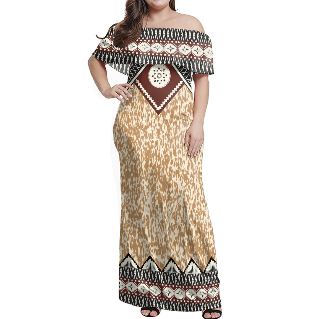 Fiji Woman Off Shoulder Long Dress Pattern Tapa Clothes | Polynesian.co