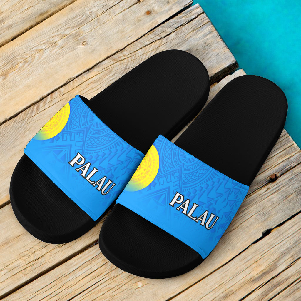Palau Flag Color With Traditional Patterns Slide Sandals | Polynesian.co