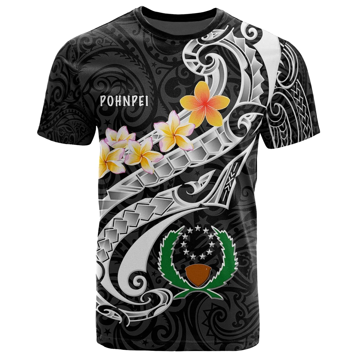 Pohnpei T-Shirt - Pohnpei Seal Polynesian Patterns Plumeria (Black ...