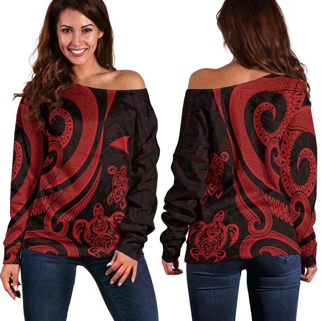 Tokelau Women Off Shoulder Sweater - Red Tentacle Turtle | Polynesian.co