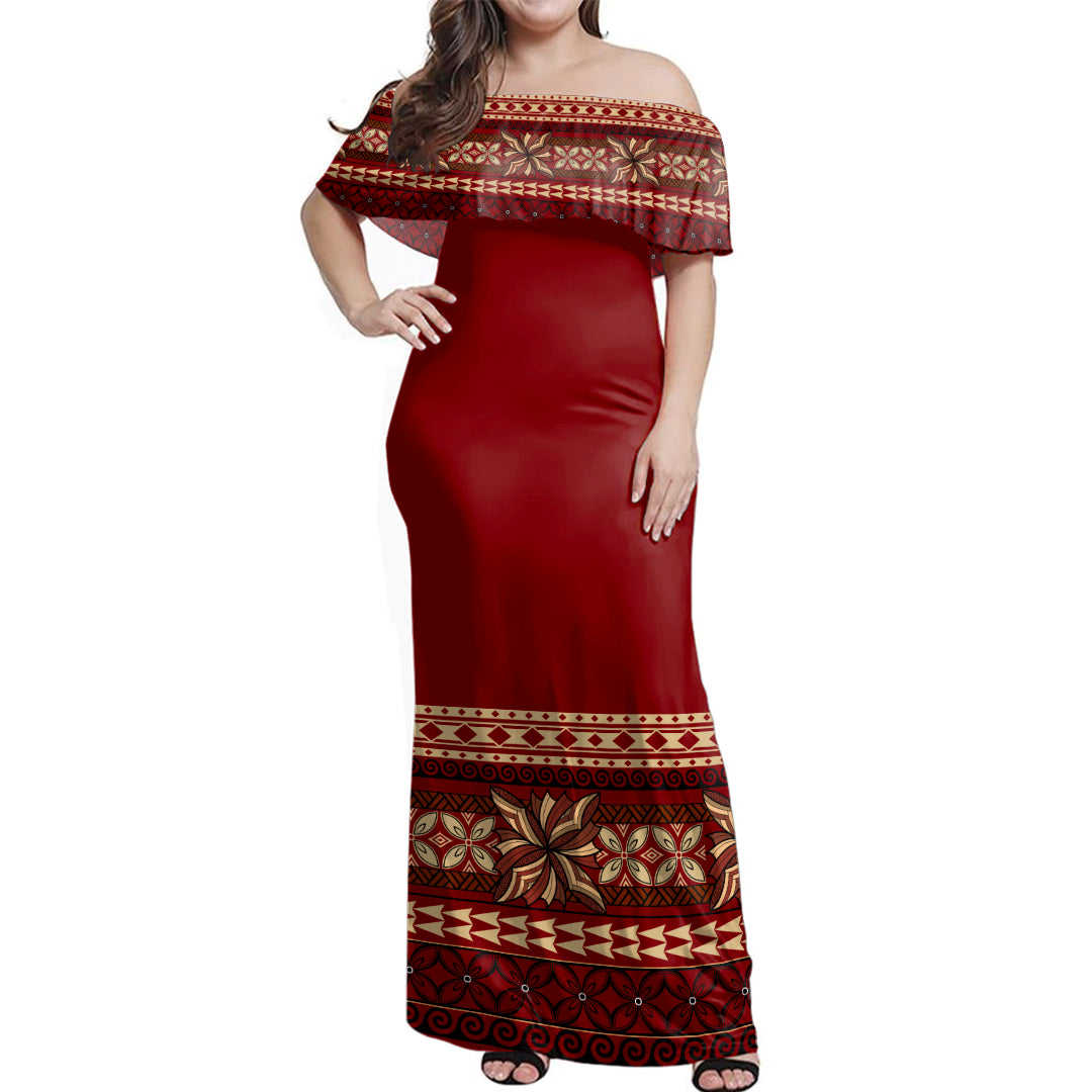 Samoa Women Off Shoulder Long Dress Siapo Pattern Design | Polynesian.co