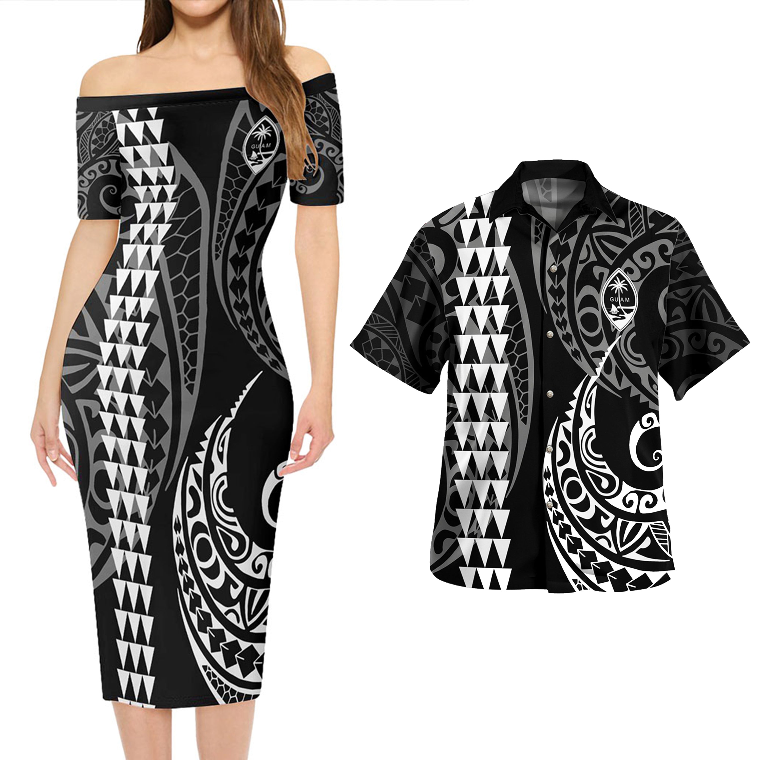 Guam Combo Short Sleeve Dress And Shirt Kakau Style White | Polynesian.co